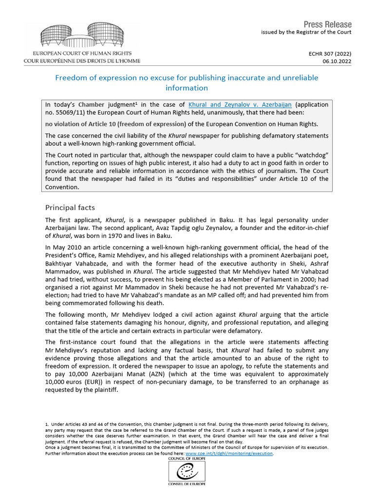 Judgment Khural and Zeynalov v. Azerbaijan - Freedom of Expression No ...