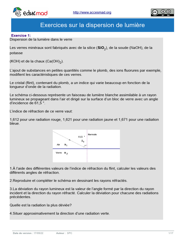 Exercices Sur La Dispersion de Lumiere | PDF | Indice de réfraction | Réfraction