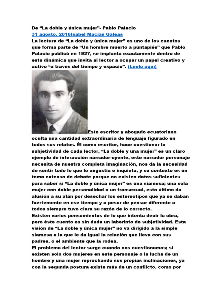 Análisis de "La doble y única mujer" | PDF | Narración | Mujer
