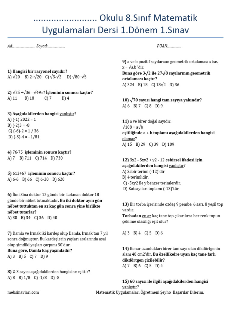 8snf Matematik Uygulamalar 1 Donem 1 Sinavi 28543 | PDF