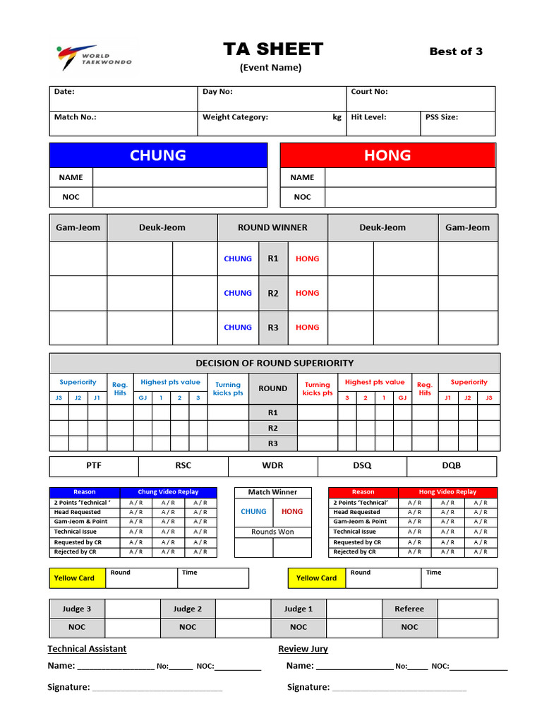 Taekwondo Scoring Sheet Template | PDF