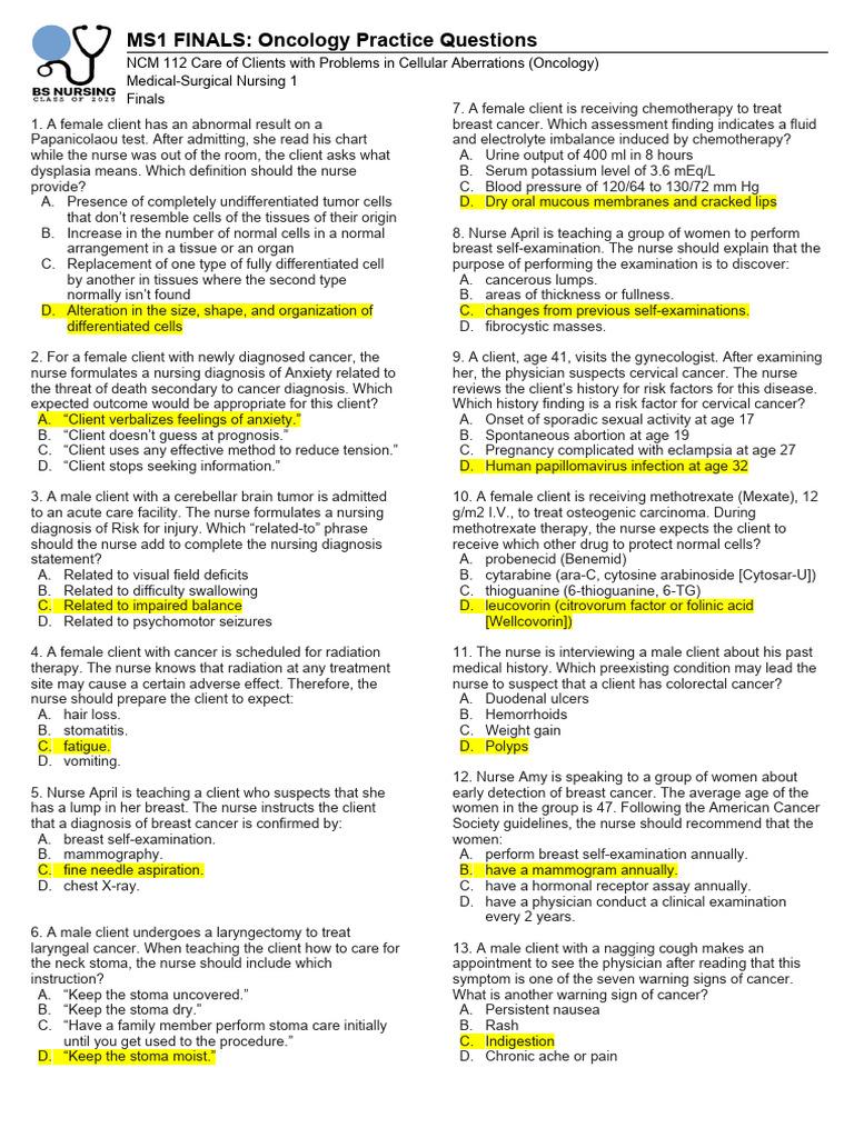 Onco Practice Questions | PDF | Cancer | Chemotherapy