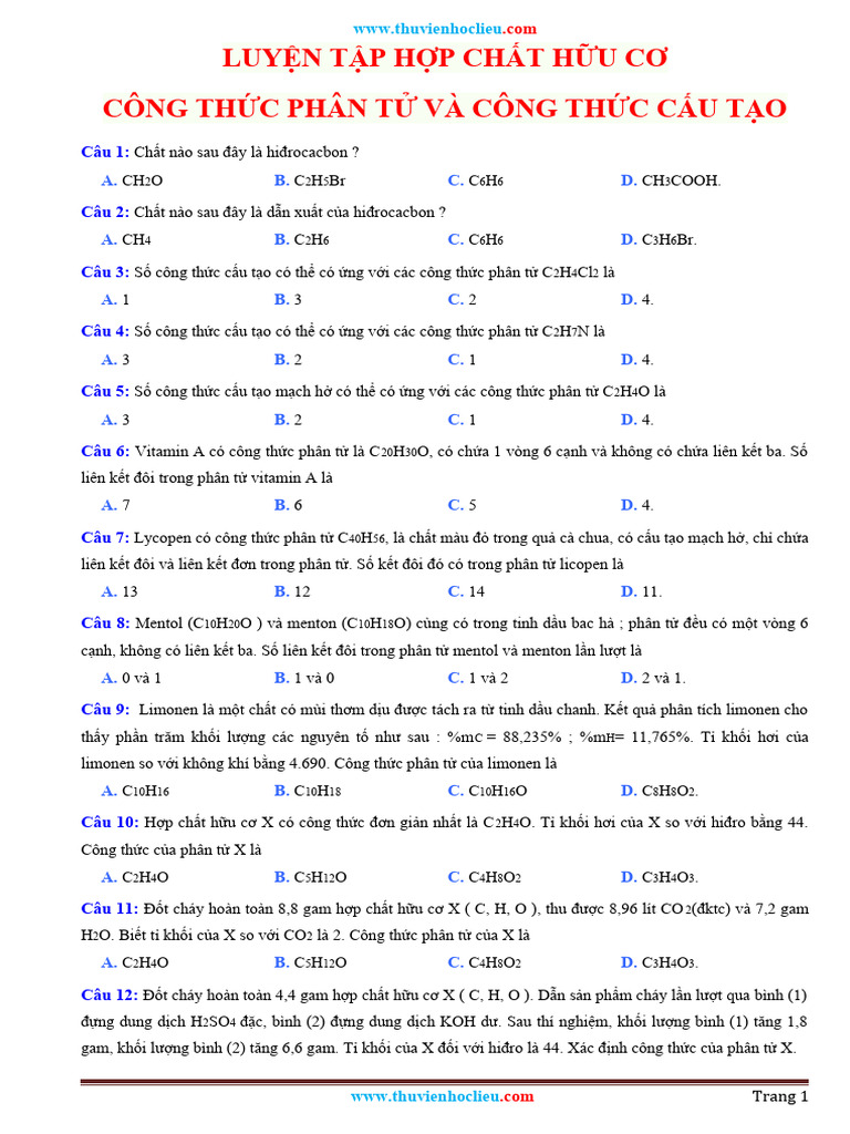 Trac Nghiem LUYEN TAP HOP CHAT HUU CO CONG THUC PHAN TU Co Dap An | PDF