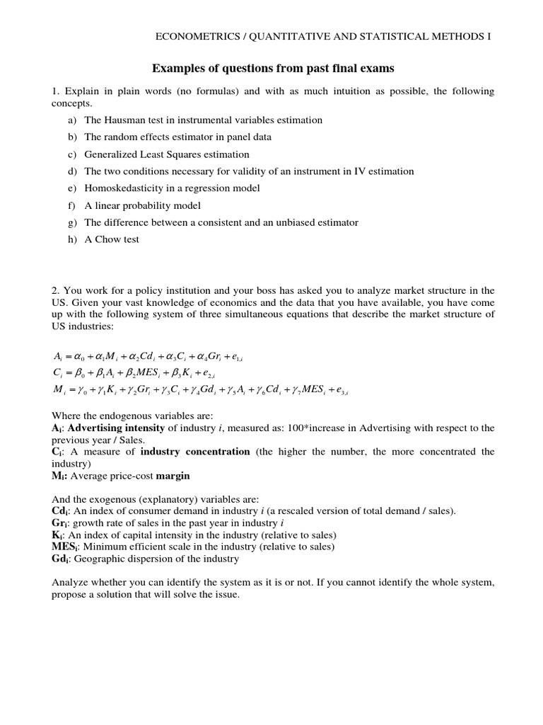 Sample Questions | PDF | Econometrics | Errors And Residuals
