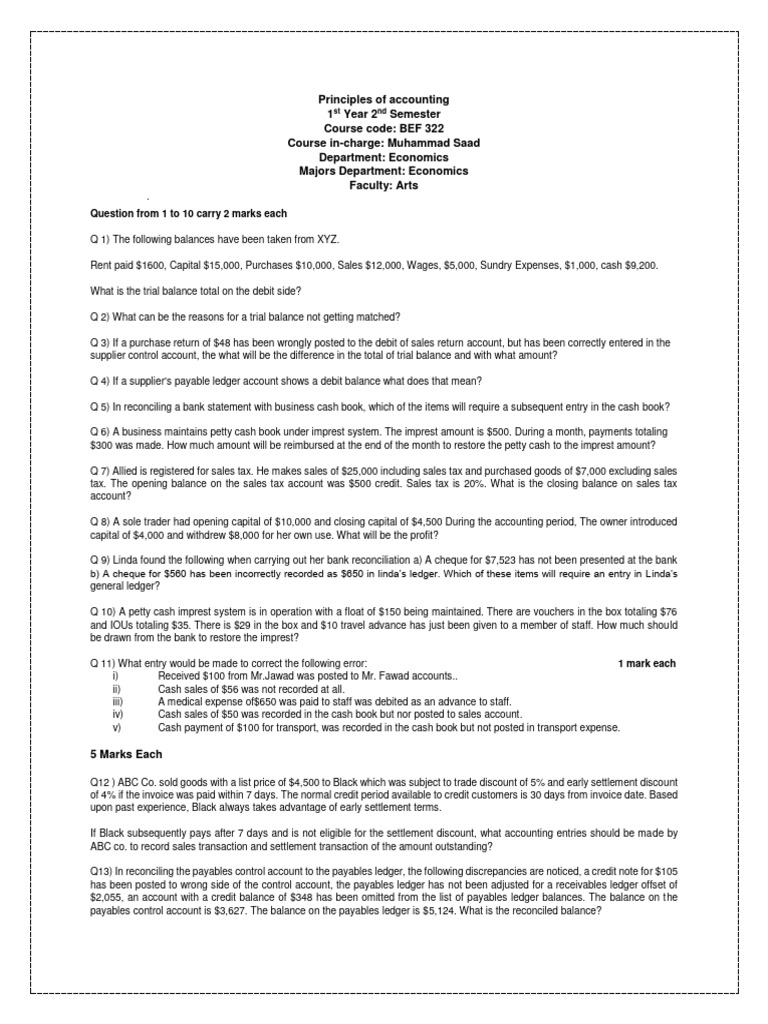 Final Exam Paper POA 1st Year | PDF | Debits And Credits | Cheque