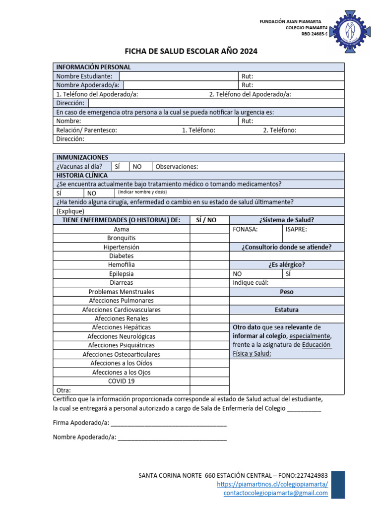 Ficha de Salud Escolar Año 2024 Piamarta | PDF