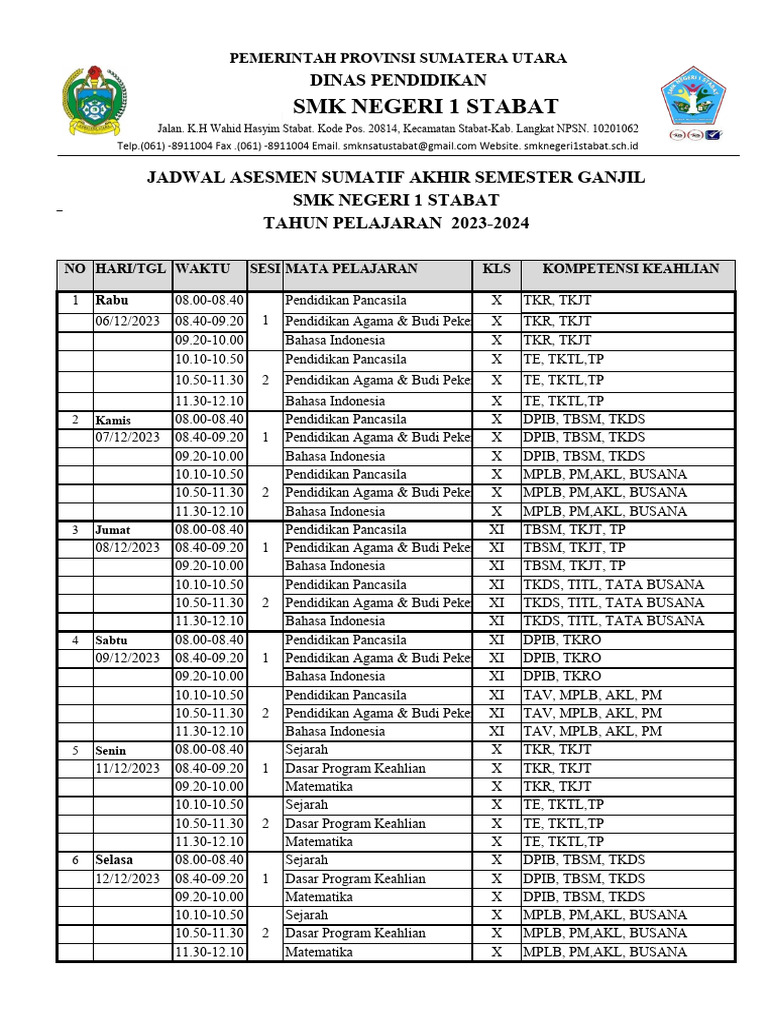 Jadwal Asesemen Akhir Semester Ganjil 2023-2024 | PDF