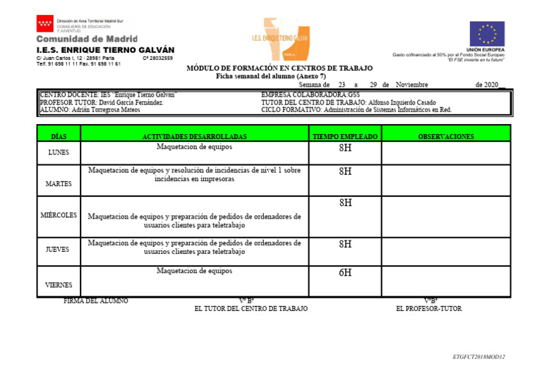 Módulo de Formación en Centros de Trabajo Ficha Semanal Del Alumno (Anexo 7) | PDF