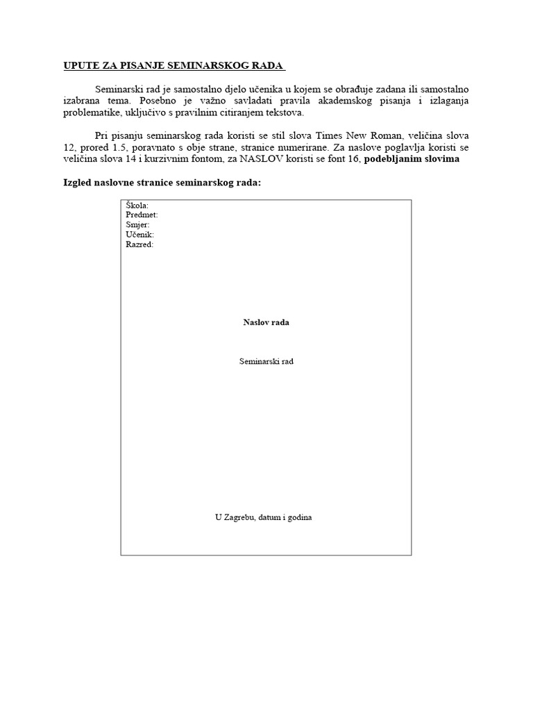 Upute Za Pisanje Seminarskog Rada | PDF