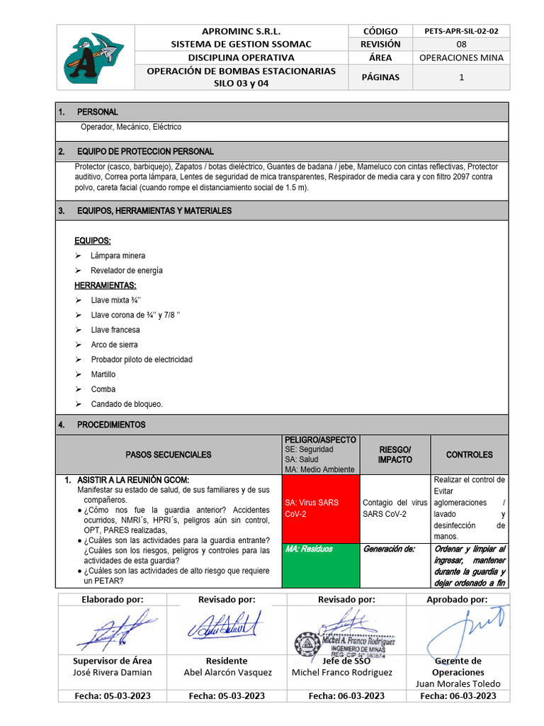 PETS-APR-SIL-02-02 Operacion de Bombas Estacionarias Silo 3 y 4 | Descargar gratis PDF | Bomba ...