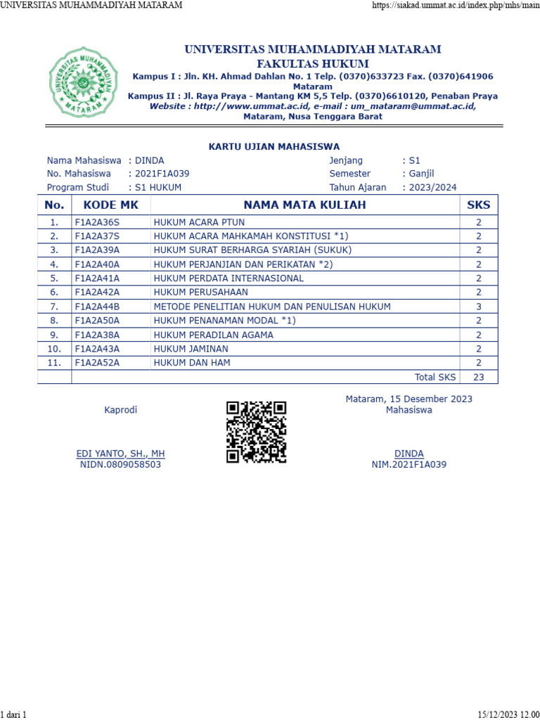Kartu Ujian Semester 5 Universitas Muhammadiyah Mataram | PDF