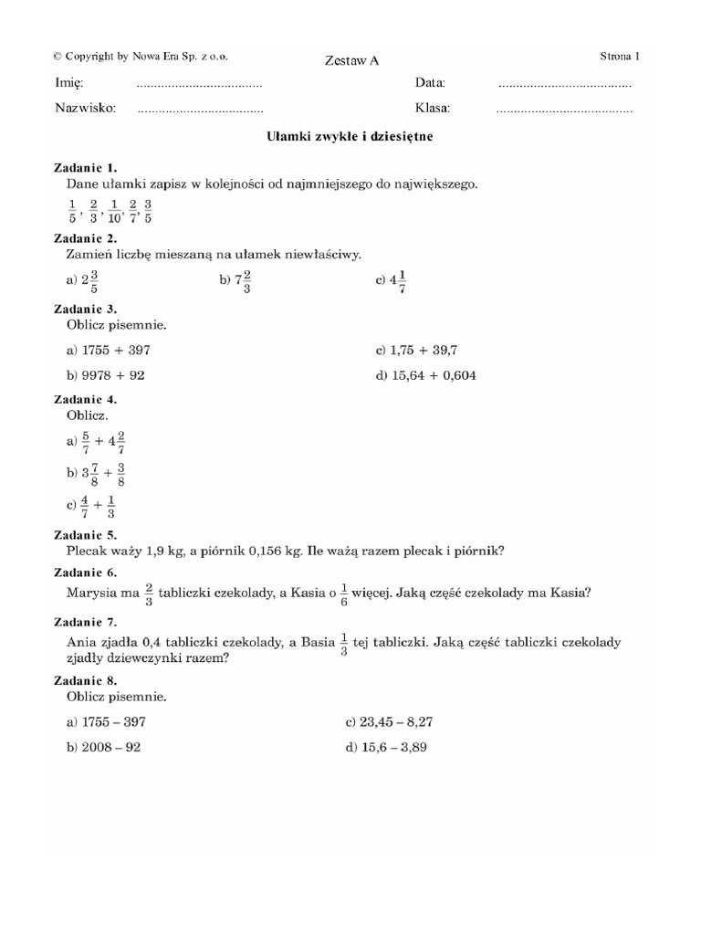 Ułamki Zwykłe I Dziesiętne Klasa 6 Nowa Era | PDF