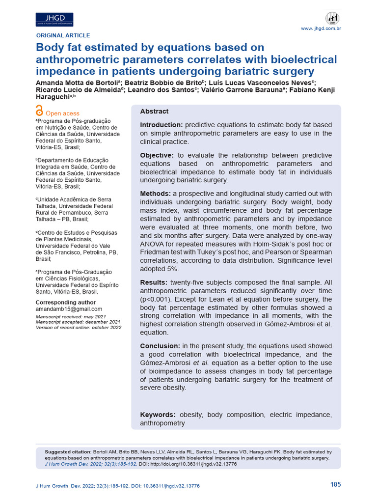 Body Fat Estimation in Bariatric Surgery | PDF | Body Mass Index | Body ...