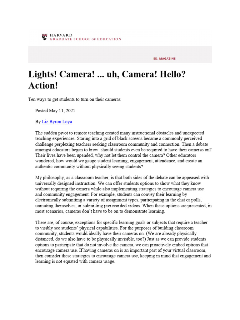 Online Class - Cameras On - Harvard | PDF | Learning | Distance Education