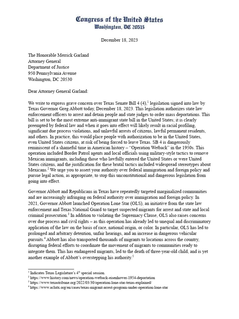 Texas SB 4: Urgent DOJ Intervention Needed | PDF | Greg Abbott ...