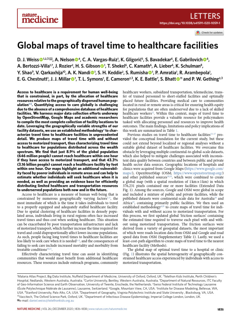 Global Maps of Travel Time To Healthcare Facilities: Letters | PDF ...