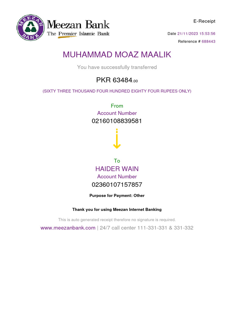 Meezan Bank Transfer Receipt - 21 Nov 2023 | PDF