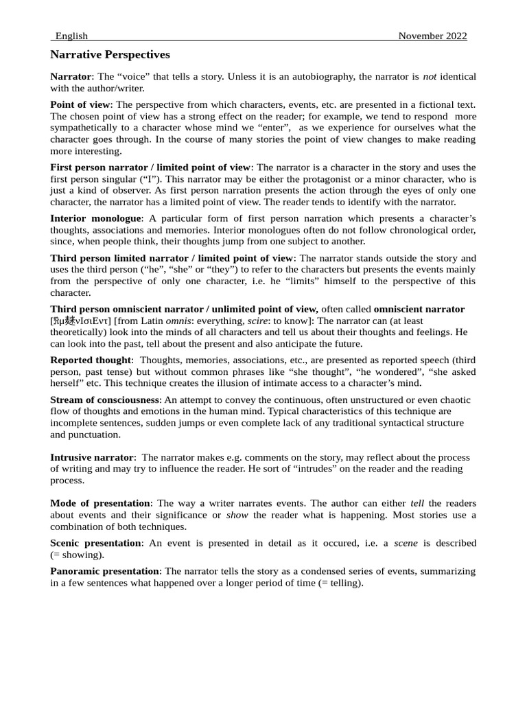 Narrative Perspective List | PDF | Narration | Cognitive Science