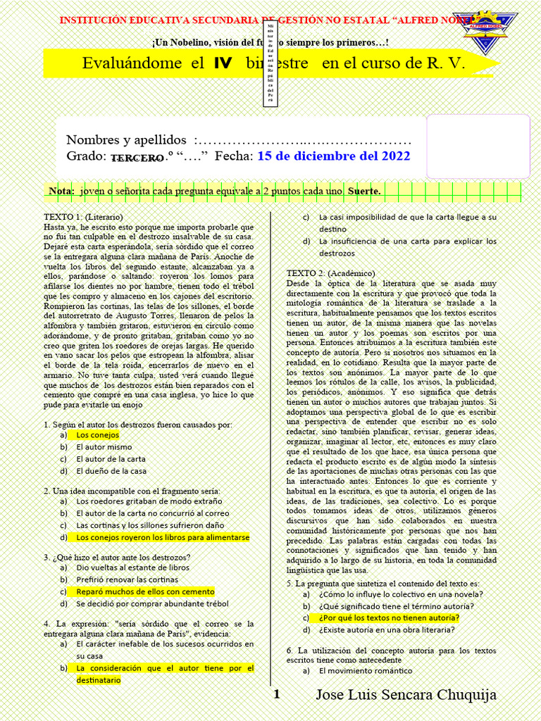 Examen Iv Bim - Tercero Grado - RV I | PDF | Autor | Iglesia Católica