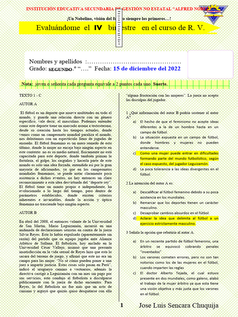 Examen Iv Bim - Segundo Grado - RV I | PDF | Asociación de Futbol