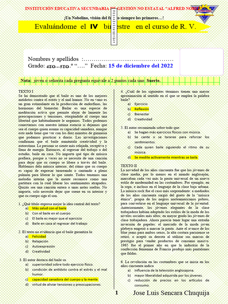 Examen Iv Bim - 4to - 5to - Grado - RV I | Descargar gratis PDF | Amor | Sangre