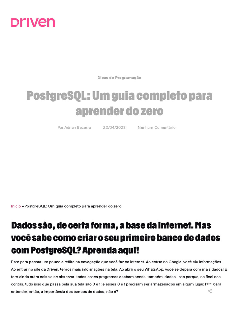 PostgreSQL - Um Guia Completo para Aprender Do Zero - Driven Education | PDF | Postgre SQL | SQL