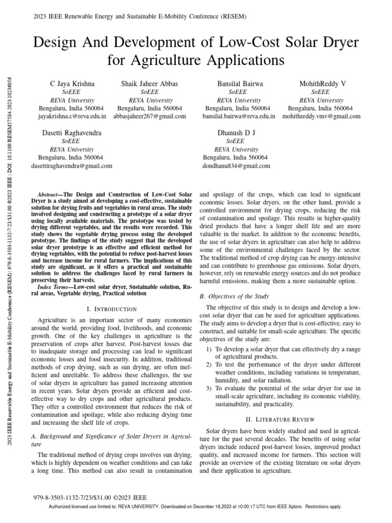 Design and Development of Low-Cost Solar Dryer For Agriculture Applications | PDF | Solar Energy ...