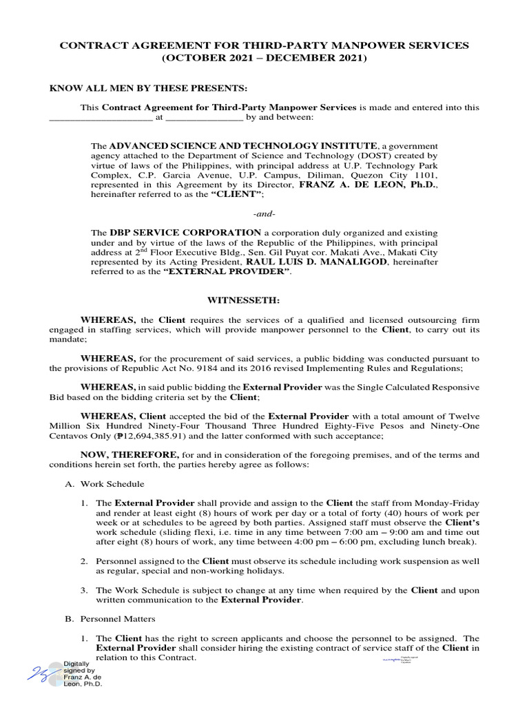 Contract Agreement For Provision of Third Party Manpower Services October 2021 December 2021 KBR ...