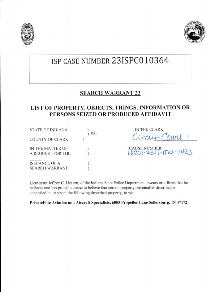 Indiana Search Warrant for Aircraft | PDF | Police Officer | Search Warrant