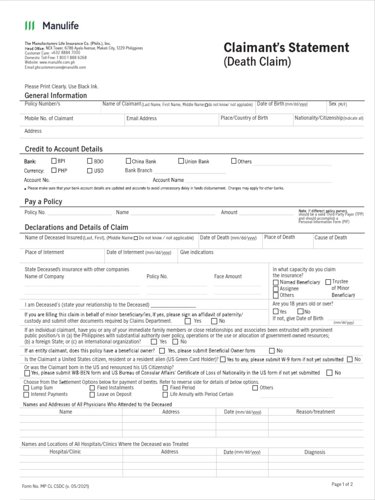 Death Claim Form - Manulife Insurance | PDF | Insurance | Life Insurance