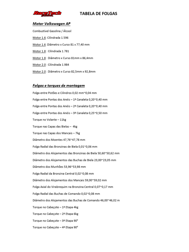 Tabela de Folga de Motores | PDF