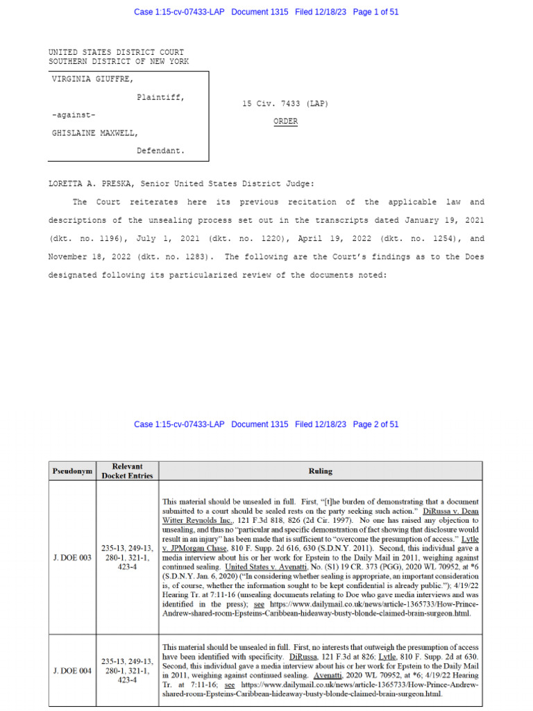 Order From U.S. District Judge Loretta A. Preska To Unseal Names Connected To Jeffrey Epstein ...