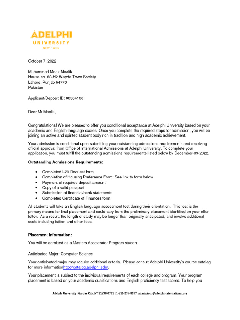Adelphi Conditional offer letter | PDF | Payments | Fee