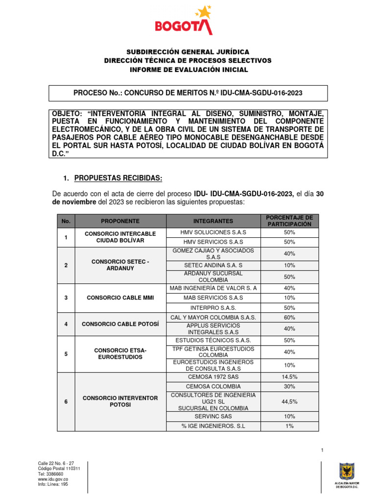 Informe de Evaluación Inicial IDU-CMA-SGDU-016-2023 | PDF | Colombia