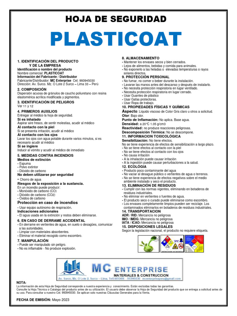 Hoja de Seguridad de Plasticoat | PDF | Agua | Dióxido de carbono