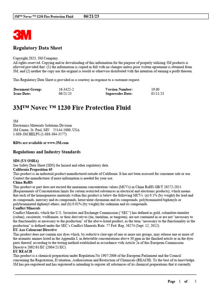 NOVEC-Regulatory Data Sheet | PDF | Chemical Substances ...