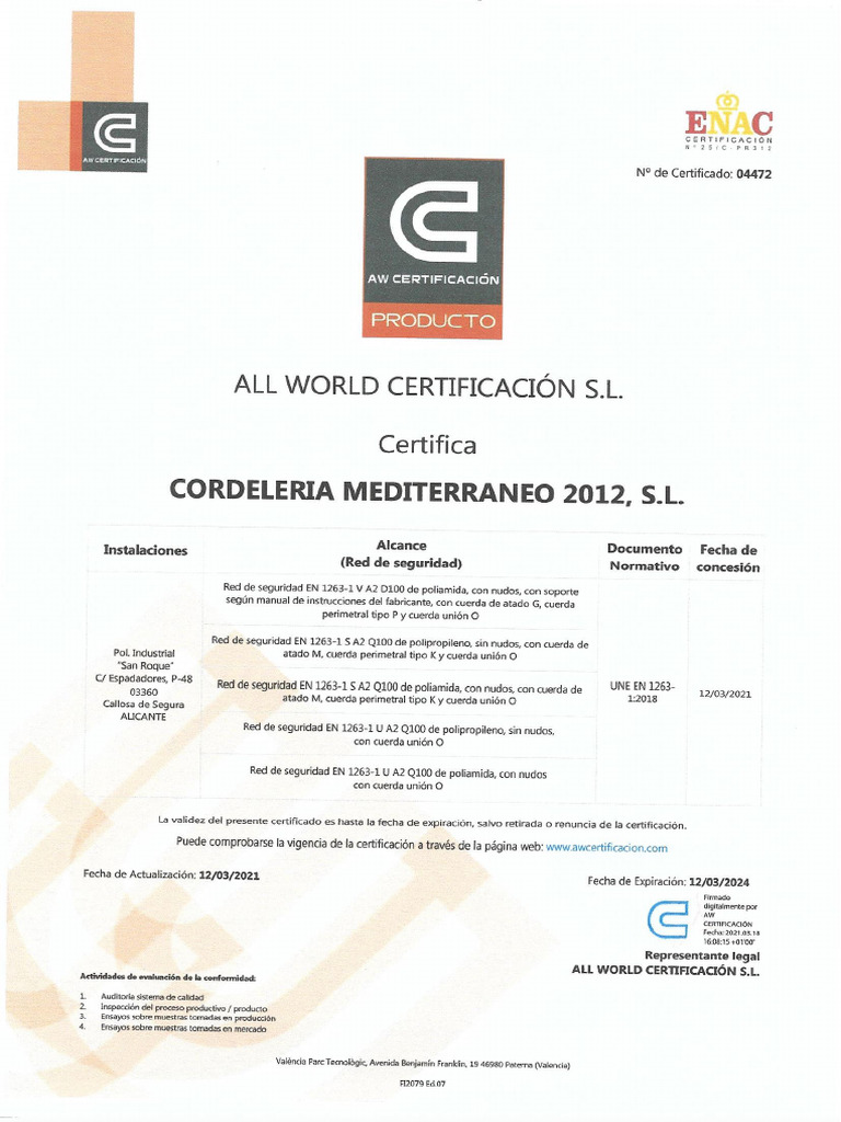 Certificado de Calidad Redes Cordeleria Mediterraneo | PDF