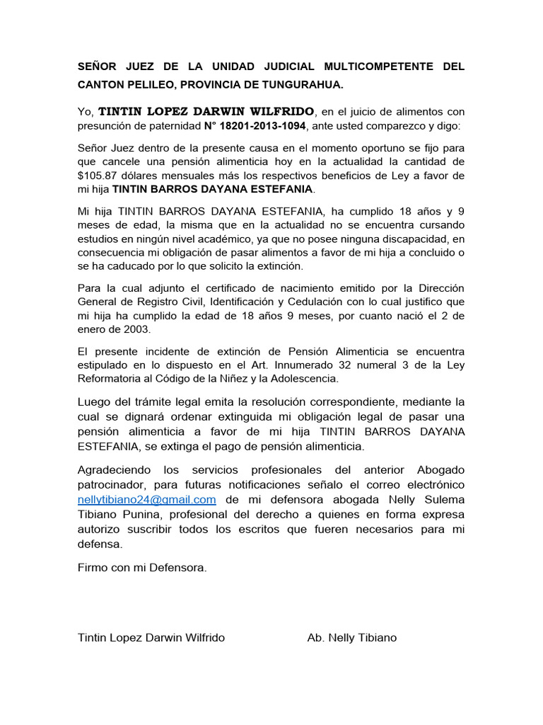Incidente Extincion Alimentos Tintin | PDF | Pensión alimenticia | Justicia