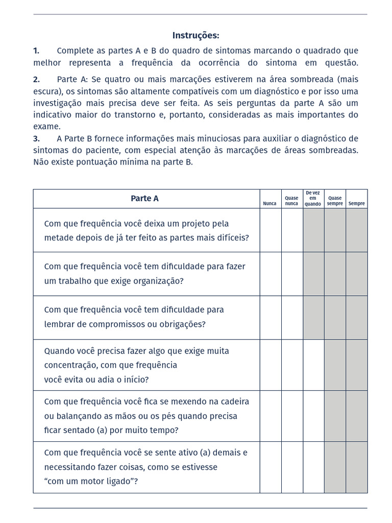 Questionário Adultos Tdah | PDF | Psicologia | Ciências comportamentais