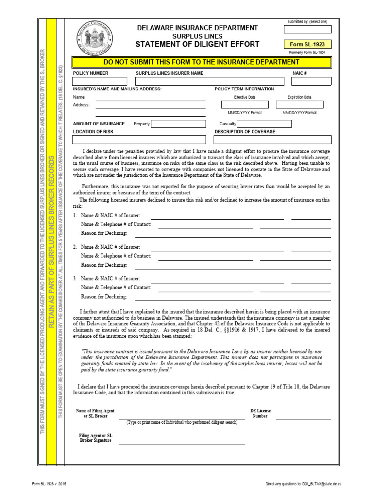 Delaware Surplus Lines Diligent Effort Form | PDF | Insurance ...