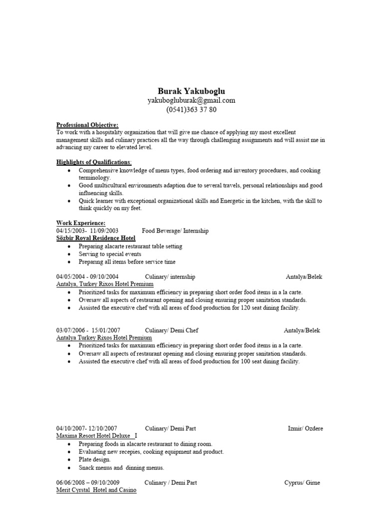 Burak Yakuboglu: Professional Objective | PDF | Restaurants | Chef