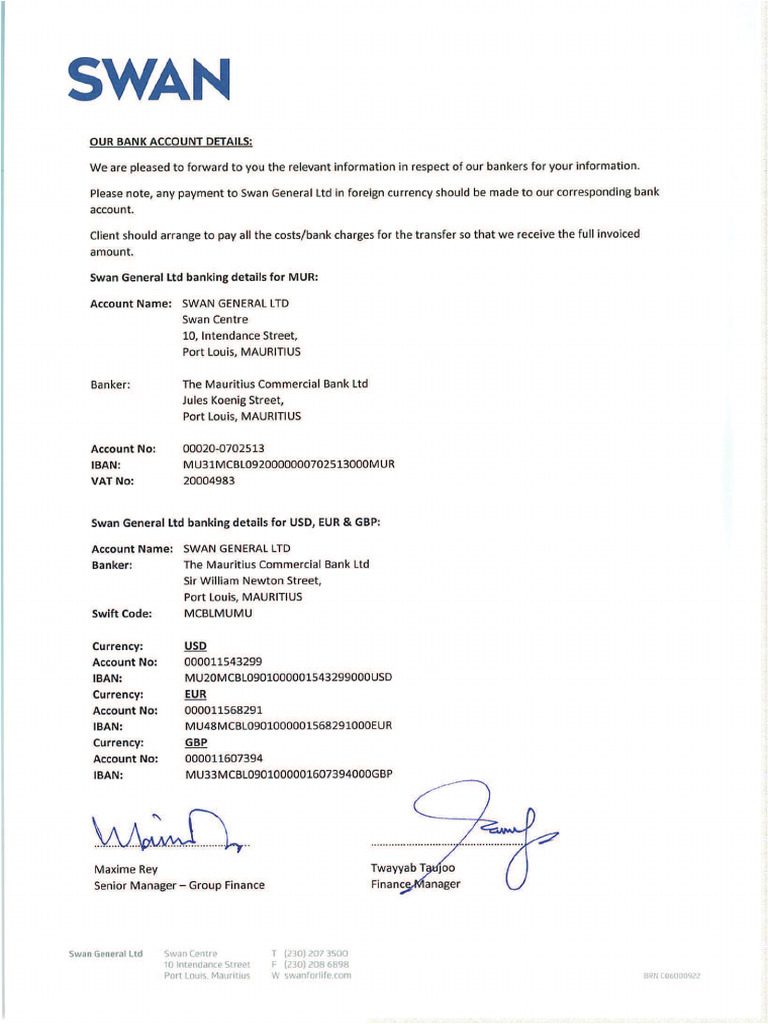 Swan General LTD - Bank Details | PDF
