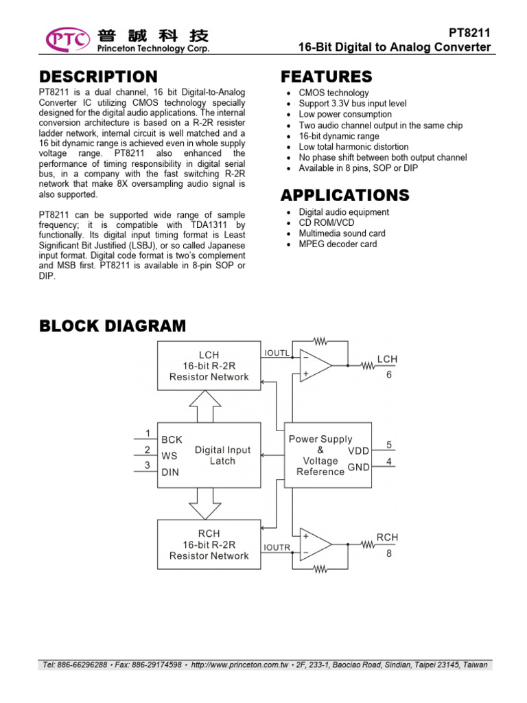 PT8211 16-Bit DAC for Audio Applications | PDF | Digital To Analog ...