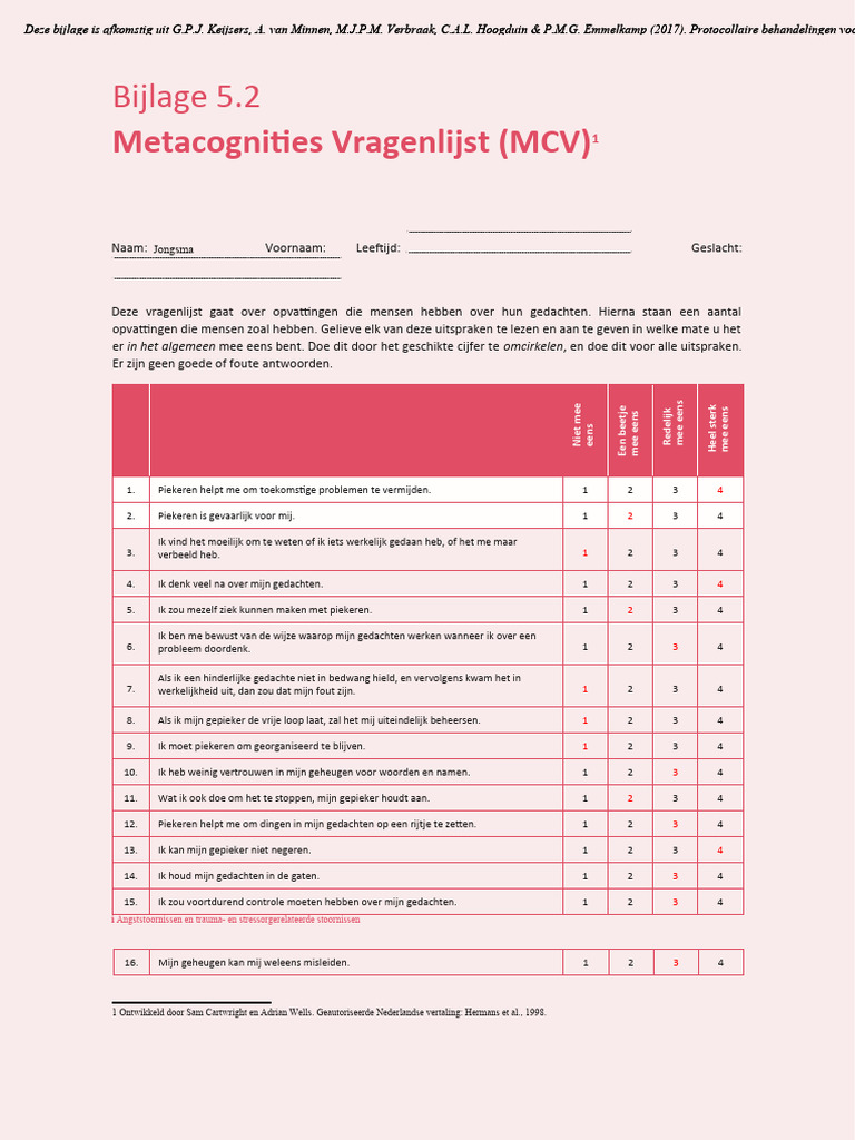Bijlage 5.2 Metacognities Vragenlijst | PDF