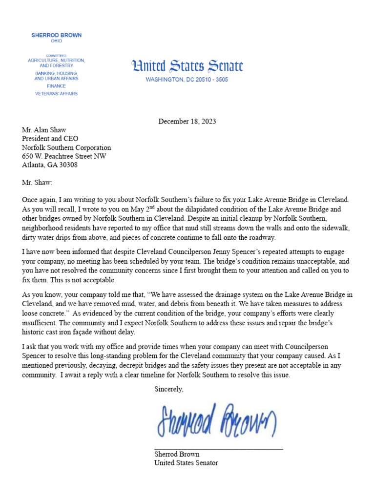 Sherrod Brown Norfolk Southern Lake Avenue Bridge Letter 121823 | PDF