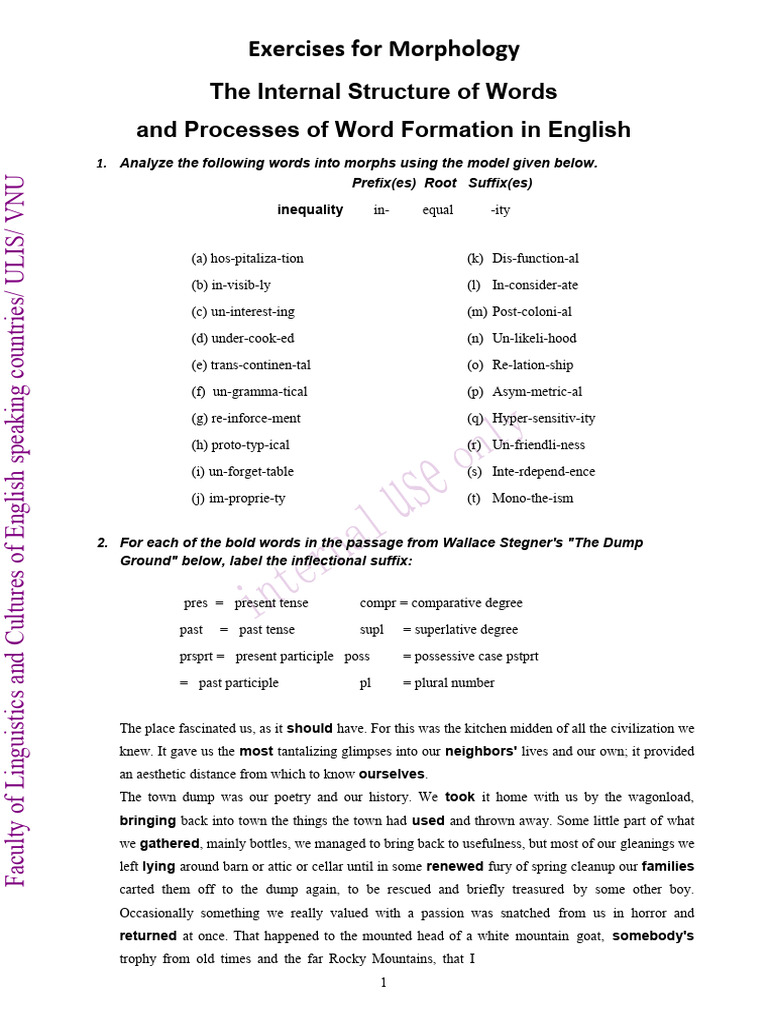 Exercises For Morphology | PDF | Morphology (Linguistics) | Word