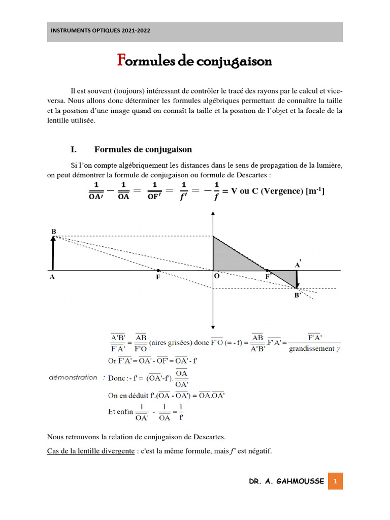 Formules de Conjugaison Optique | PDF | Méthodes et références pédagogiques
