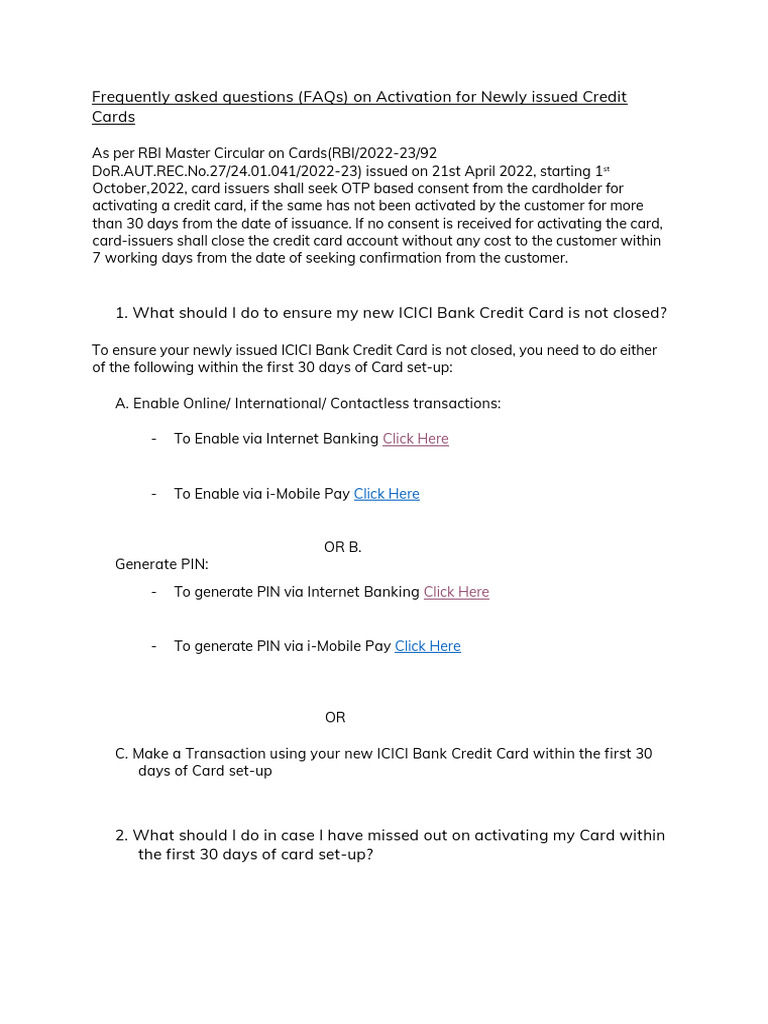 Credit Card Activation FAQs for ICICI Bank | PDF | Finance & Money ...
