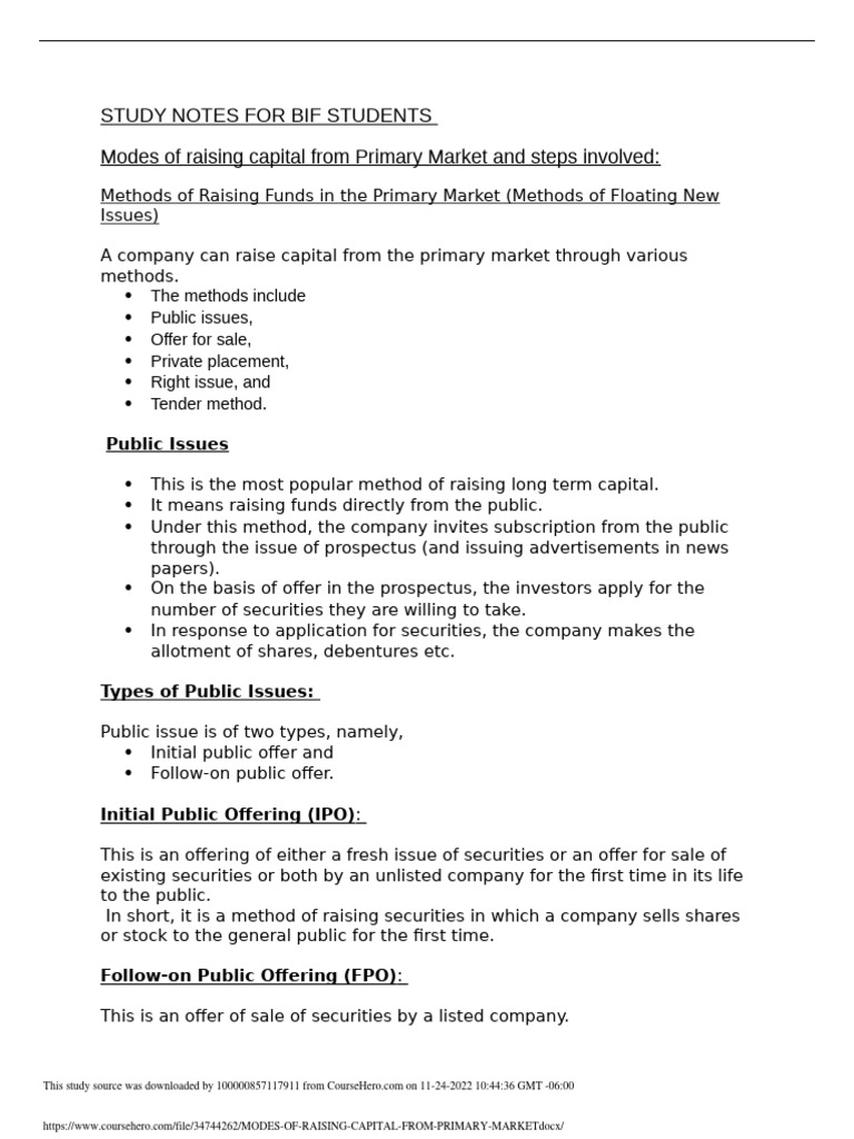 Methods of Raising Capital in Primary Market | PDF | Initial Public ...