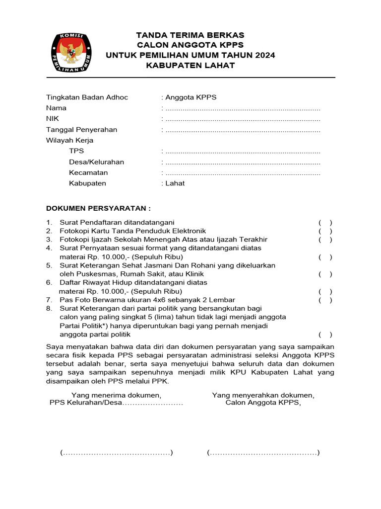 Tanda Terima Berkas Kpps | PDF